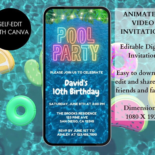 Animated Pool Party Birthday Invitation Neon Pool Party Evite Pool ...