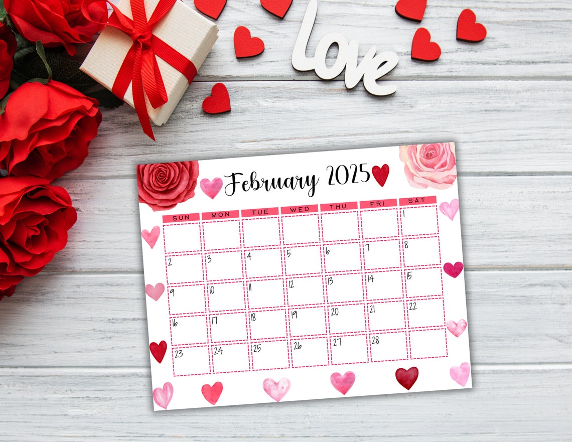 EDITABLE Printable February Calendar 2025 Beautiful Valentine's Day ...
