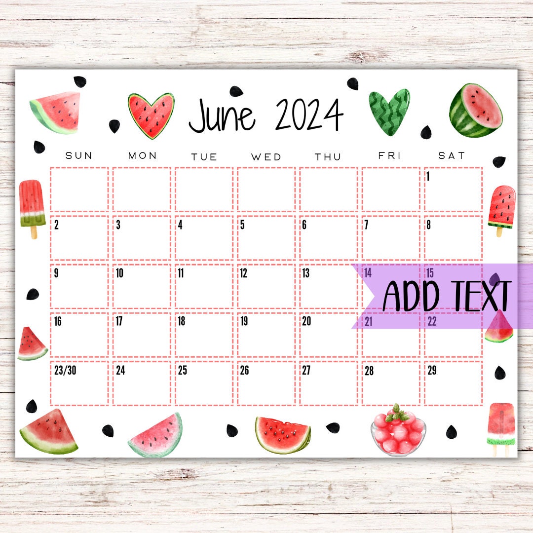 EDITABLE Printable June Calendar 2024 Watermelon Themed - Etsy