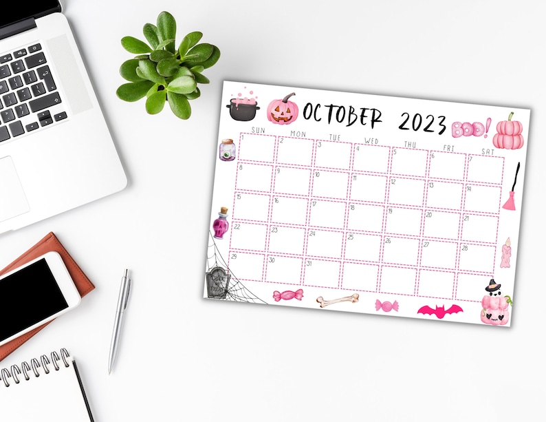 EDITABLE Printable October Calendar 2024 Cute & Spooky Pink Halloween ...