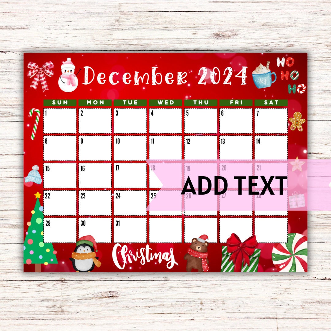 EDITABLE Printable December Calendar 2024 Cute Christmas Calendar ...