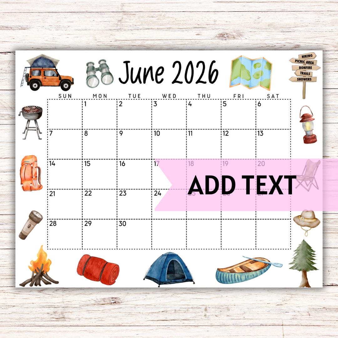 PRINTABLE June 2026 Wall Calendar | Watercolor Camping Calendar W/ Tent ...
