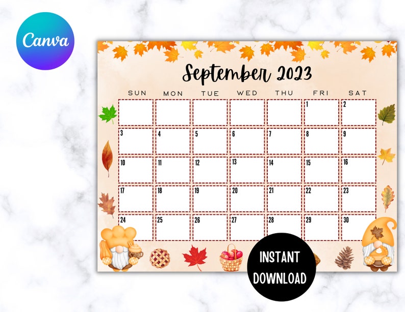 EDITABLE Printable September Calendar 2023 Cute Gnome Fall - Etsy