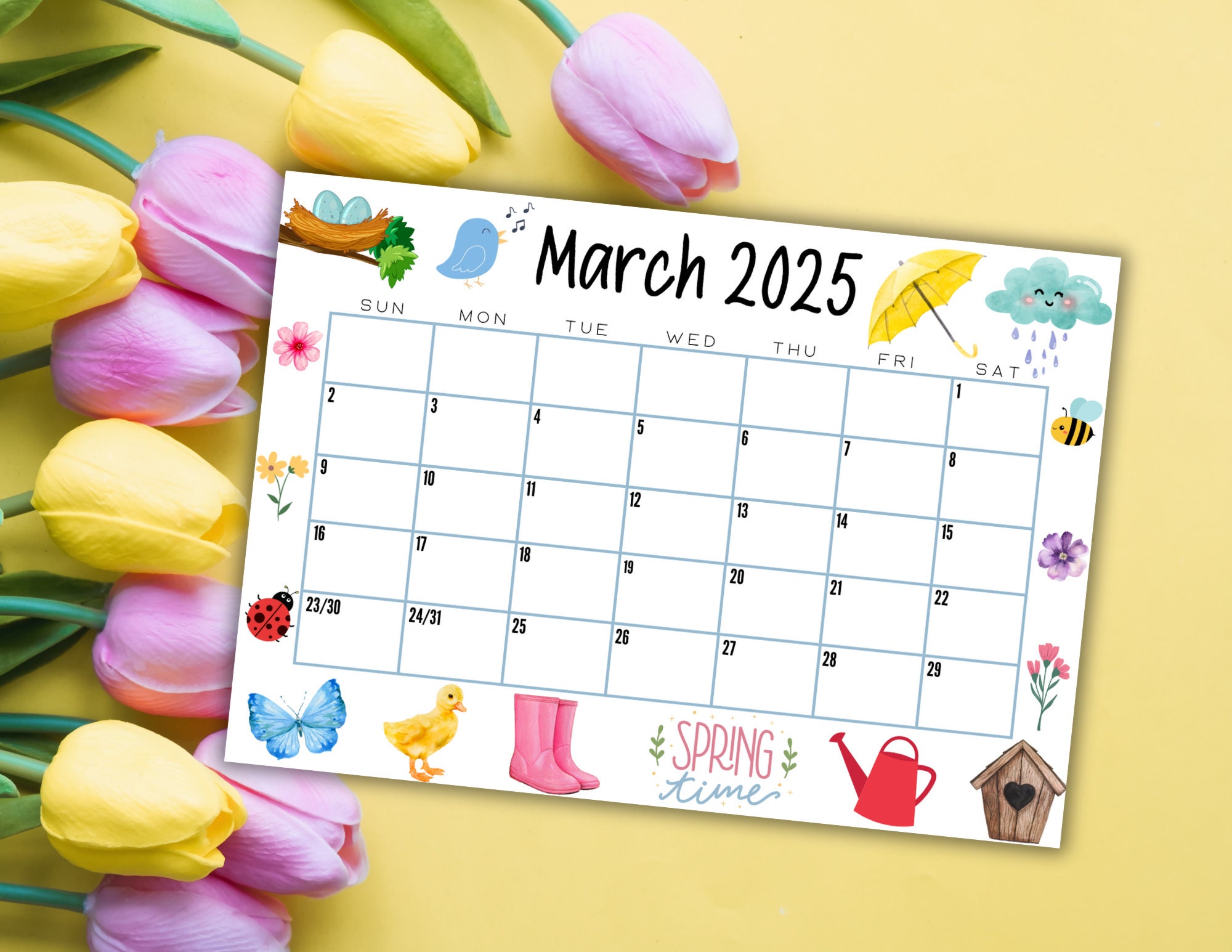 EDITABLE March 2025 Calendar Cute Spring March 2025 Calendar W/ Rain ...