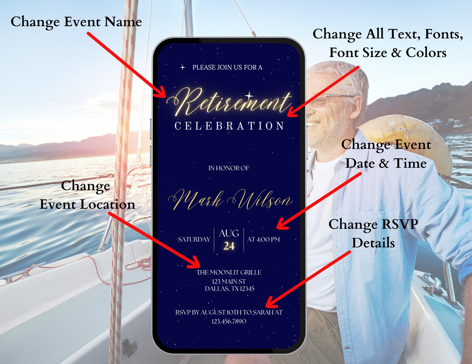 Animated Retirement Party Invitation | Navy Blue and Gold Neon Invite ...