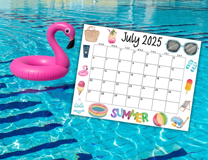 EDITABLE July Calendar 2025 | Cute Printable July Calendar W/ Pool and ...