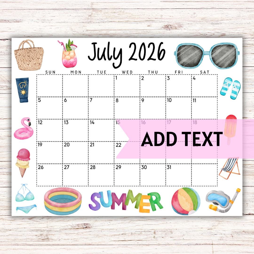 EDITABLE July Calendar 2026 | Cute Printable July Calendar W/ Pool and ...