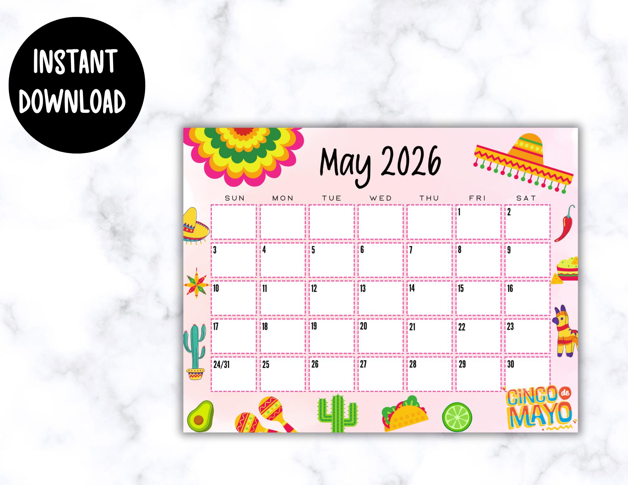 EDITABLE Printable May Calendar 2026 | Cinco De Mayo Calendar | Family ...