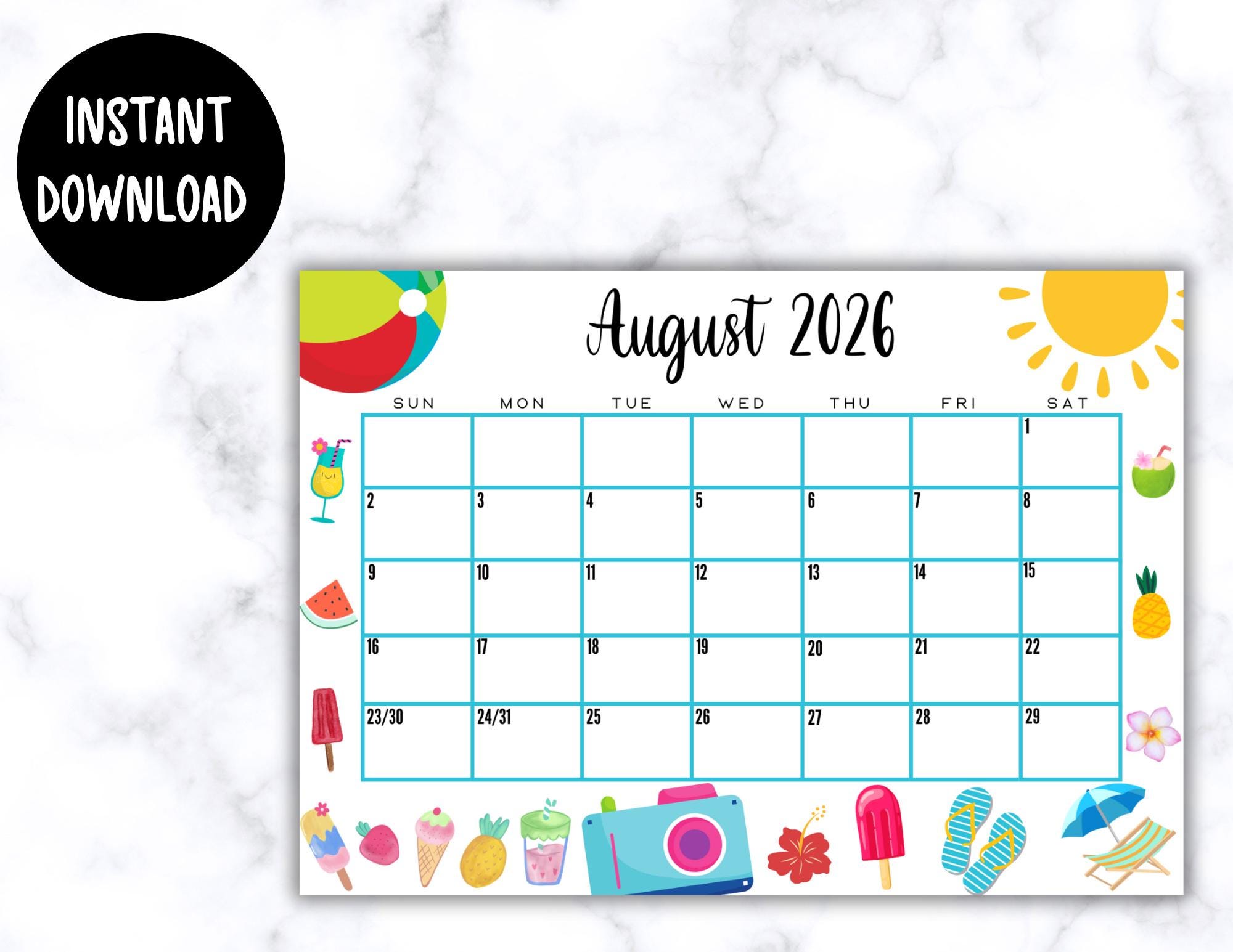 EDITABLE Printable August Calendar 2026 | Cute Summer Themed August ...