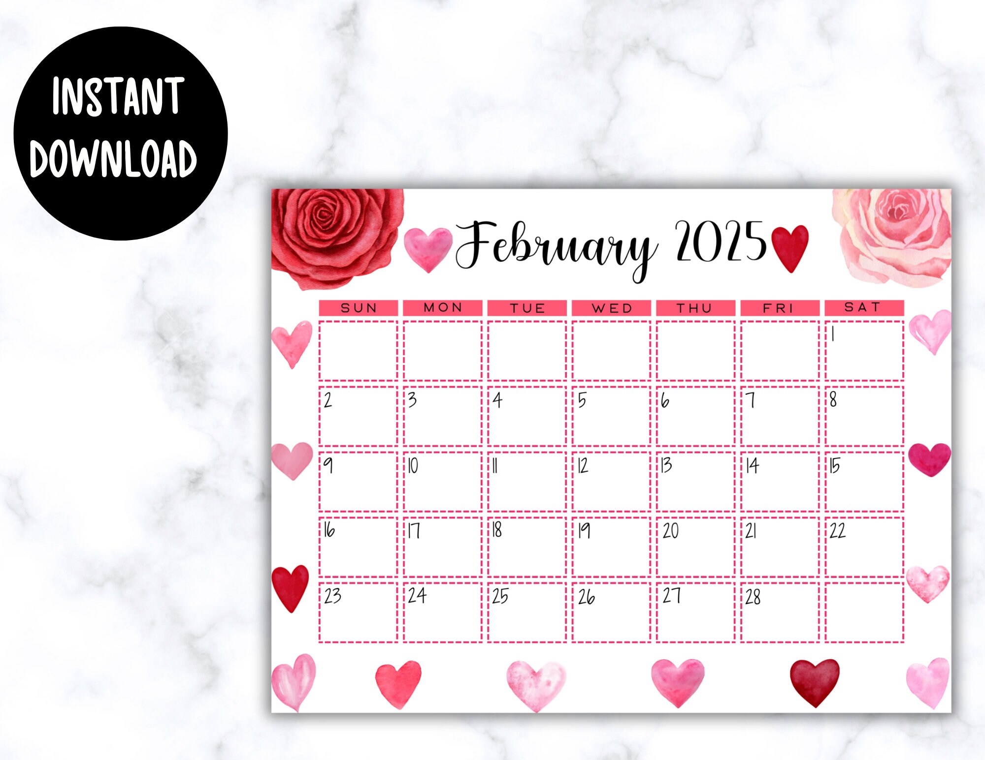 EDITABLE Printable February Calendar 2025 | Beautiful Valentine's Day ...