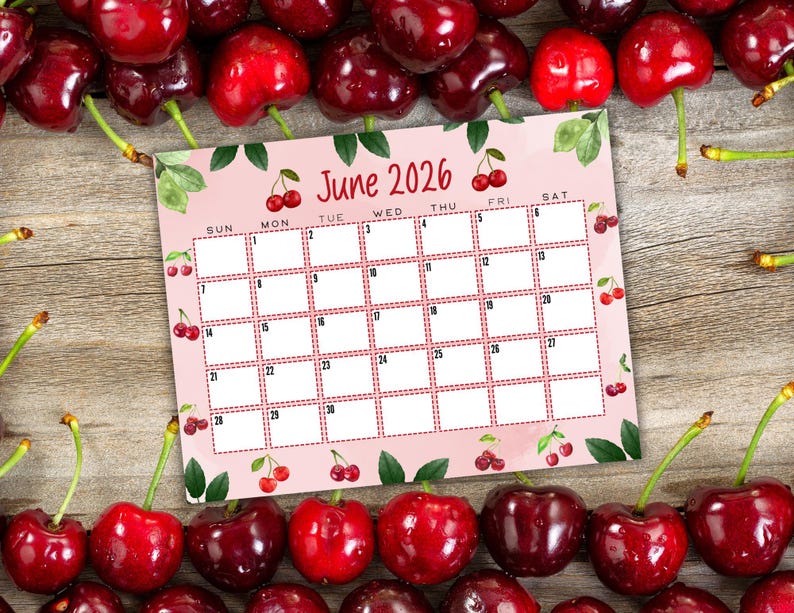 EDITABLE Printable June Calendar 2026 | Cute Watercolor Cherry Themed ...