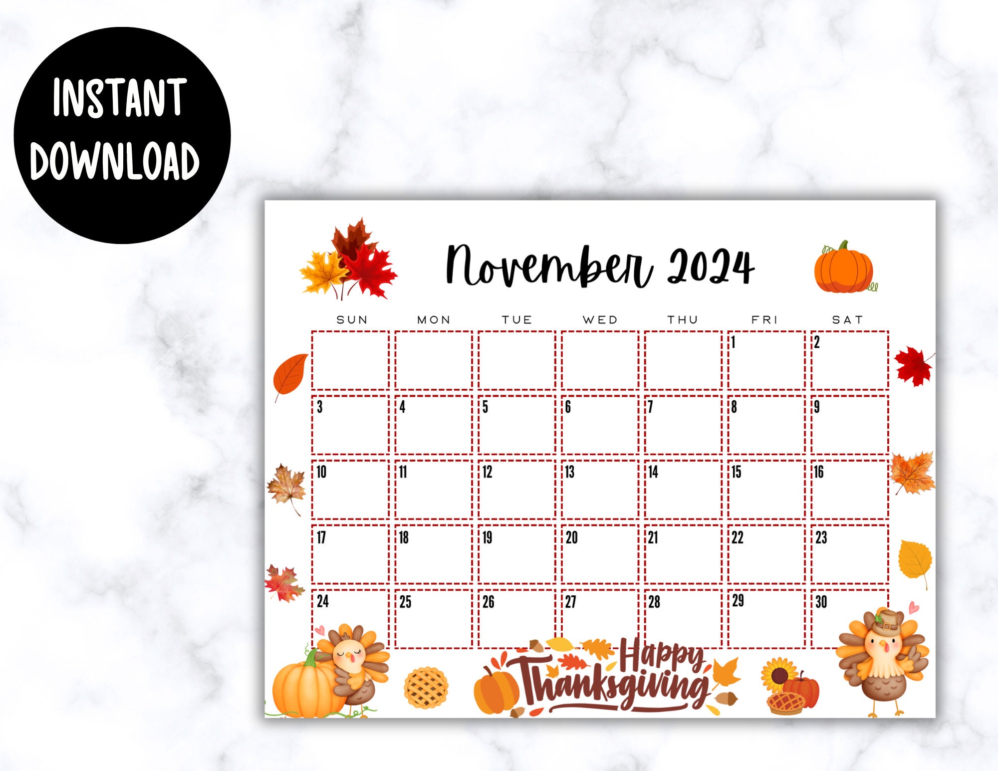 EDITABLE Printable November Calendar 2024 Cute Turkey Thanksgiving ...