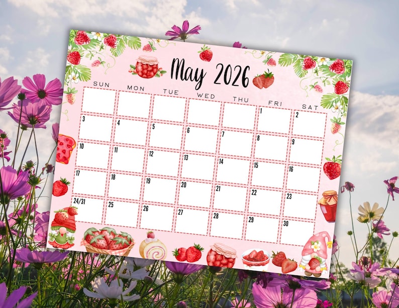 EDITABLE Printable May Calendar 2026 | Cute Strawberry Gnome May ...