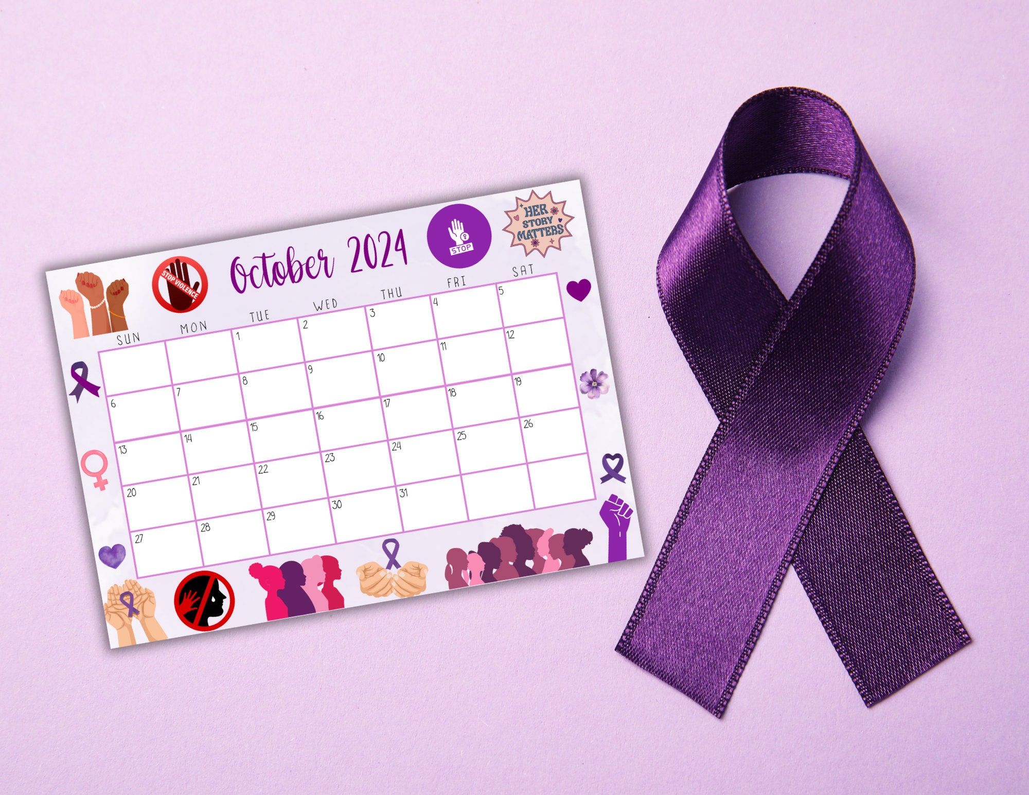 EDITABLE Printable October Calendar 2024 Purple Domestic Violence ...