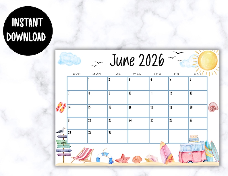 EDITABLE June Calendar 2026 | Cute Summer Calendar W/ Beach Truck and ...