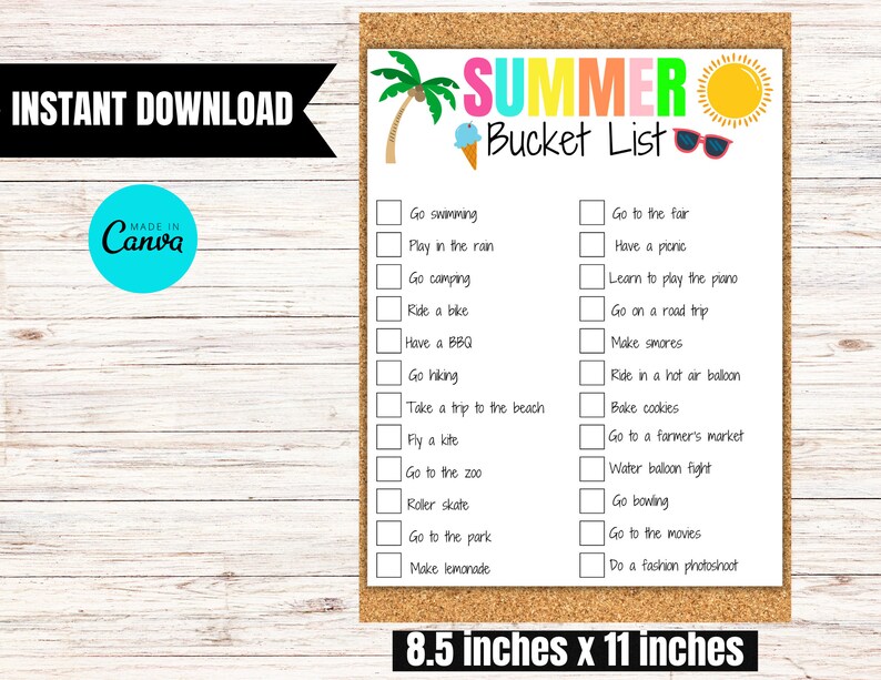 EDITABLE Printable Summer Bucket List Summer to Do List - Etsy