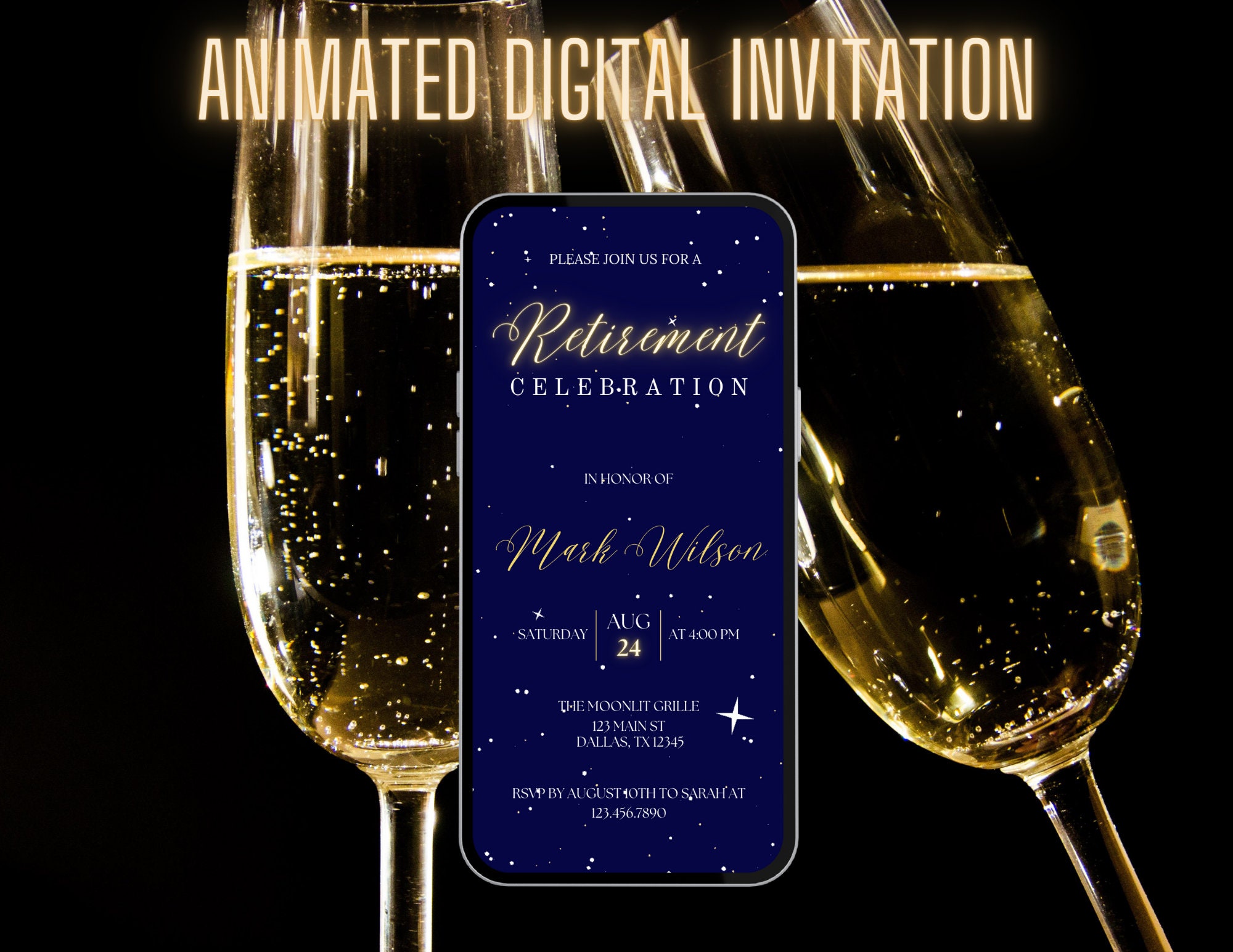 Animated Retirement Party Invitation | Navy Blue and Gold Neon Invite ...