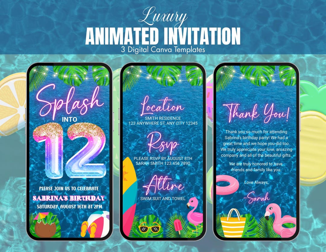Animated Teenager 12th Birthday Pool Party Invitation | Neon Pink ...