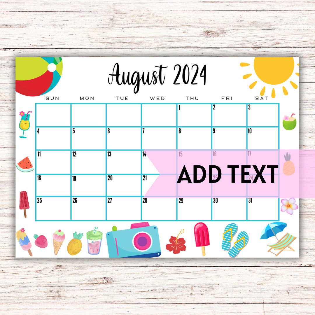 EDITABLE Printable August Calendar 2024 Cute Summer Themed August ...