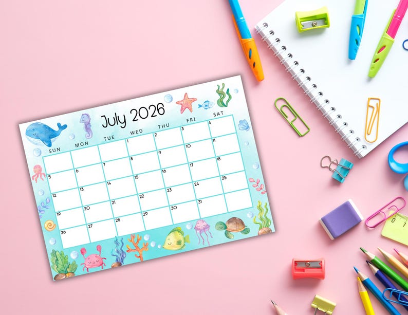 EDITABLE Printable July Calendar 2026 | Cute Under the Sea July ...