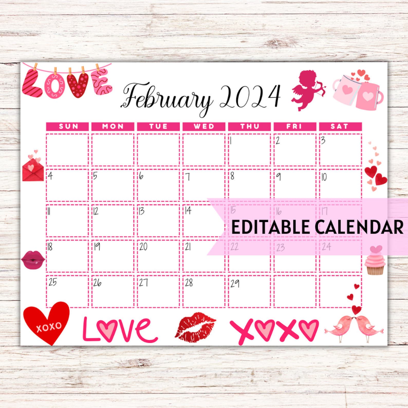 EDITABLE Printable February Calendar 2024 Cute Valentine's Day February ...
