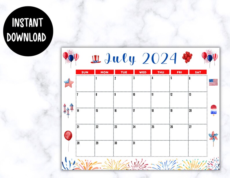 EDITABLE Printable July Calendar 2024 Cute 4th of July Themed Calendar ...