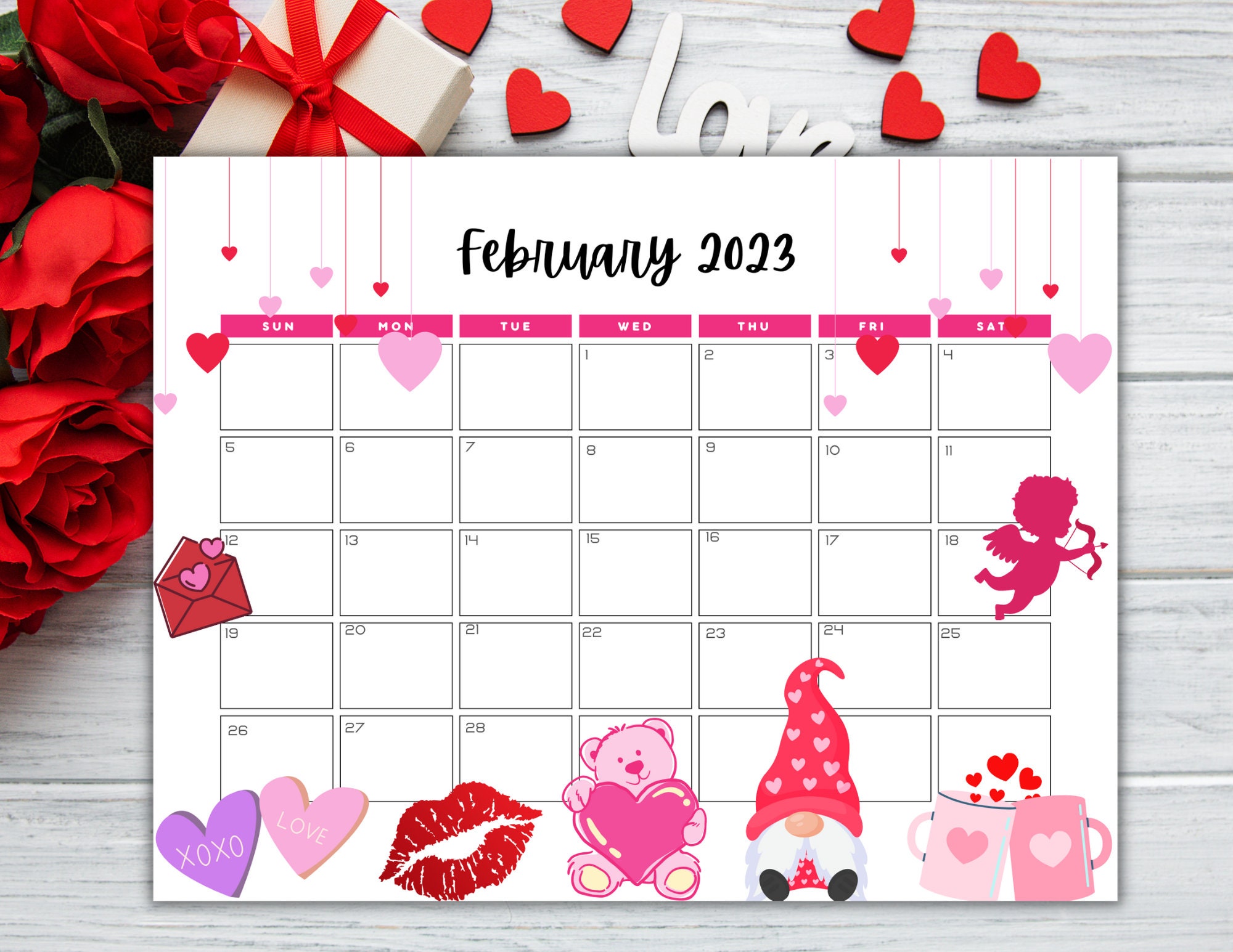 EDITABLE Printable February Calendar 2023 Valentine's - Etsy Australia