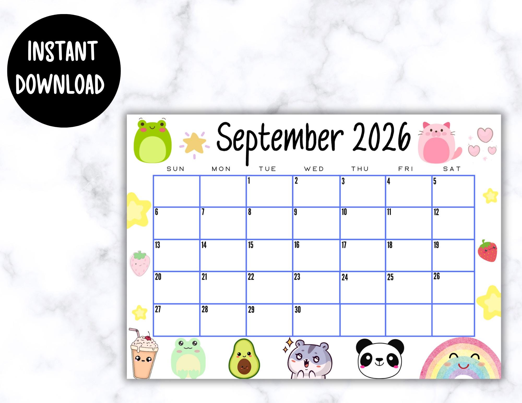 EDITABLE Printable September Calendar 2026 | Cute Kid's Kawaii ...