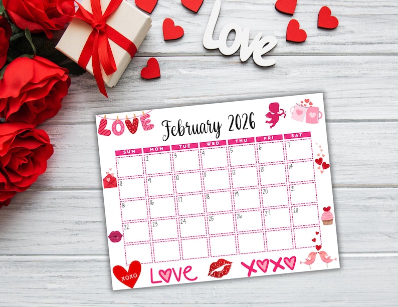 EDITABLE Printable February Calendar 2026 | Cute Valentine's Day ...