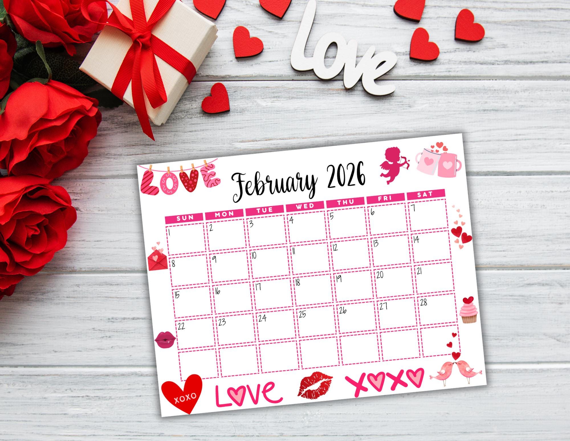 EDITABLE Printable February Calendar 2026 | Cute Valentine's Day ...