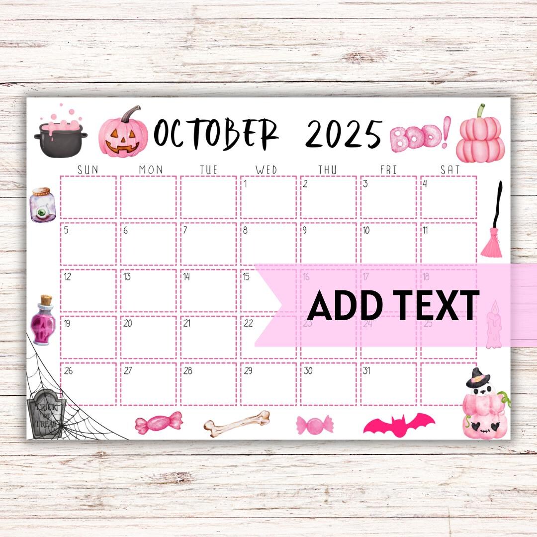 EDITABLE Printable October Calendar 2025 | Cute & Spooky Pink Halloween ...
