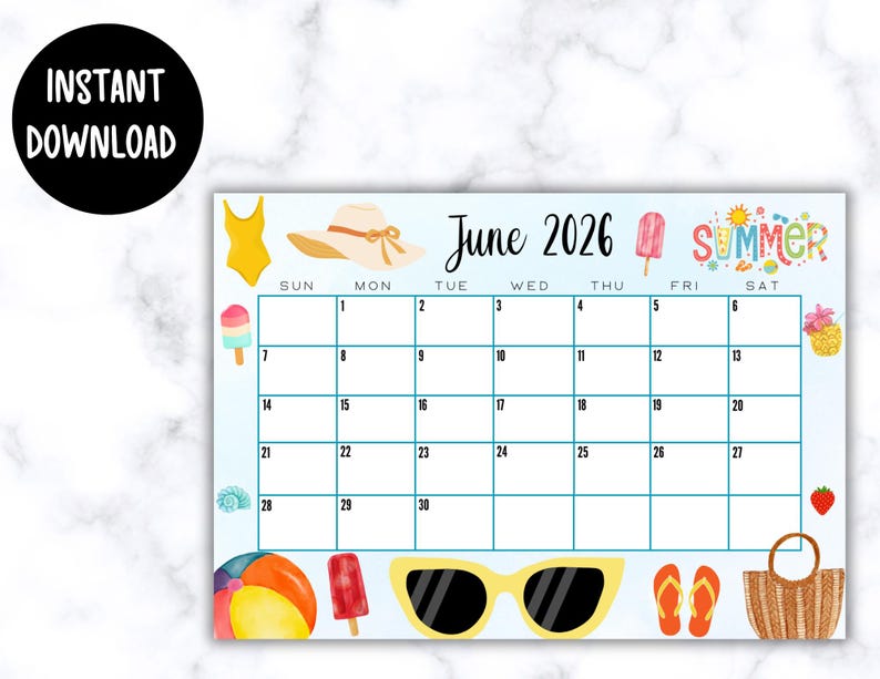 EDITABLE June Calendar 2026 | Cute June Calendar W/ Beach Bag ...