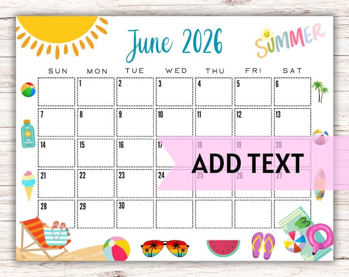 EDITIERBARER Juni Kalender 2026, druckbarer Kalender, Sommerkalender ...