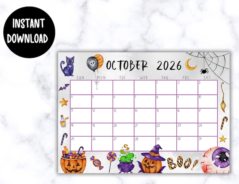 EDITABLE Printable October Calendar 2026 | Cute & Spooky Halloween ...