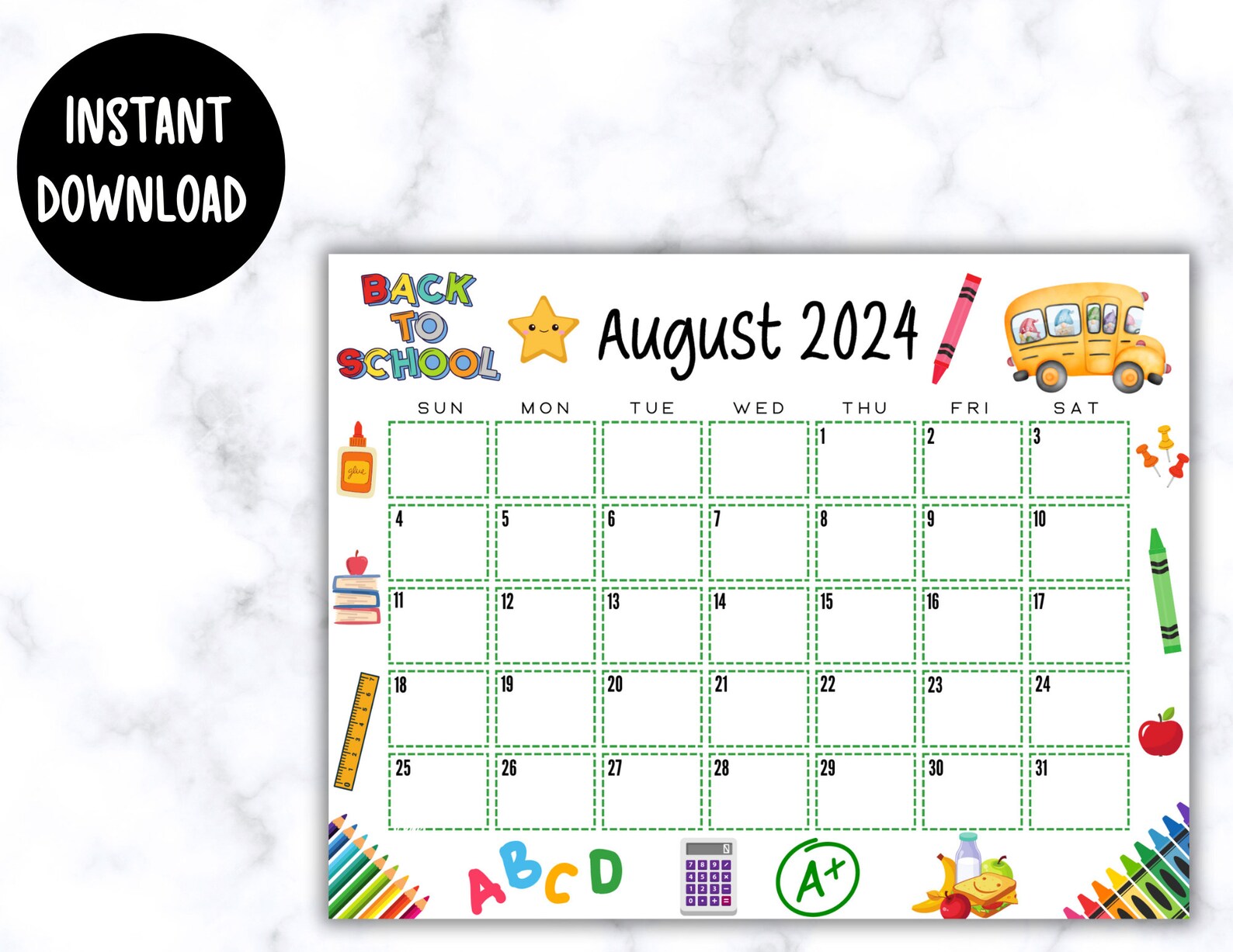 EDITABLE Printable August Calendar 2024 Colorful Back to School ...