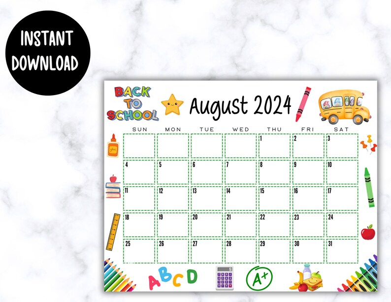 EDITABLE Printable August Calendar 2024 Colorful Back to School ...