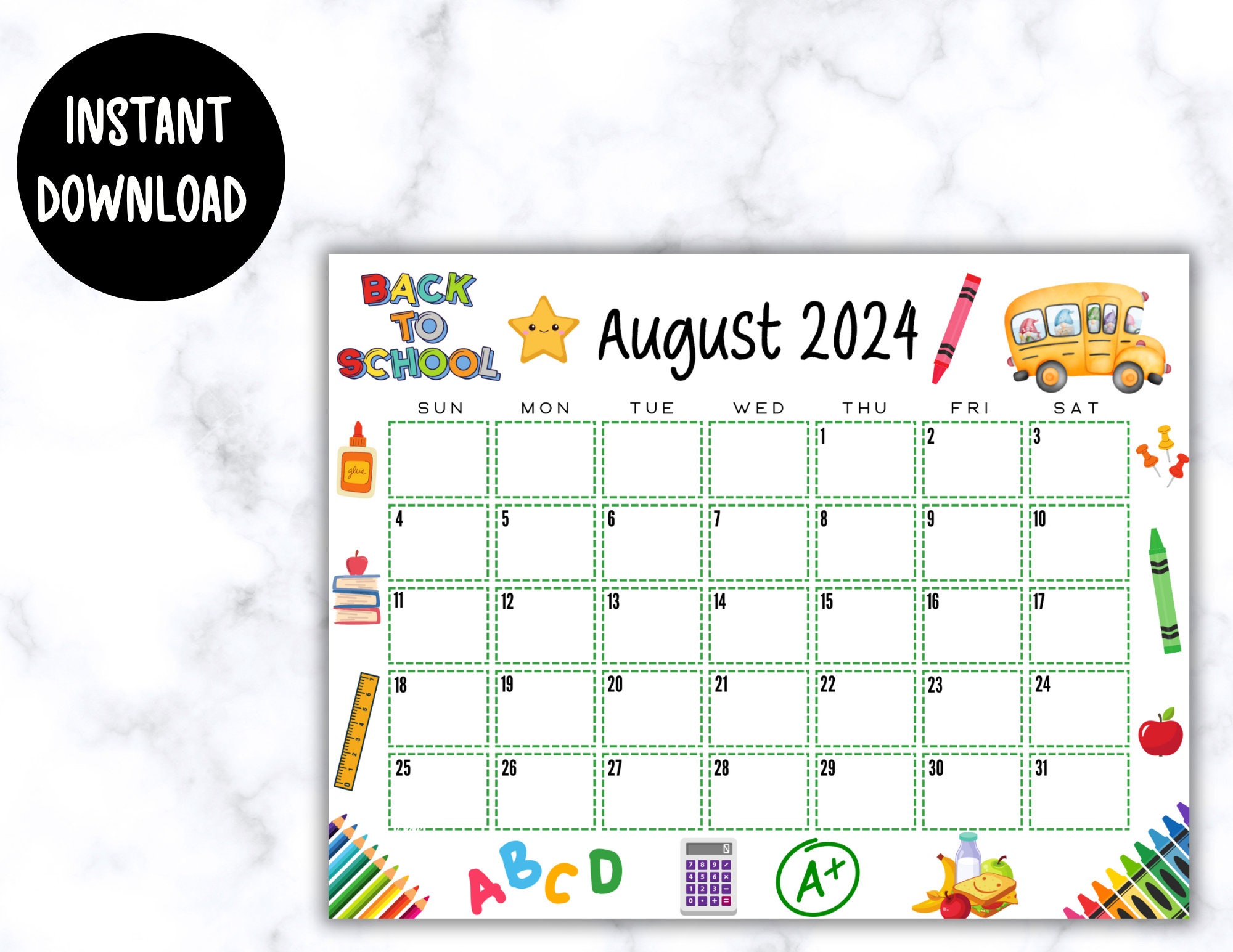 EDITABLE Printable August Calendar 2024 Colorful Back to School ...