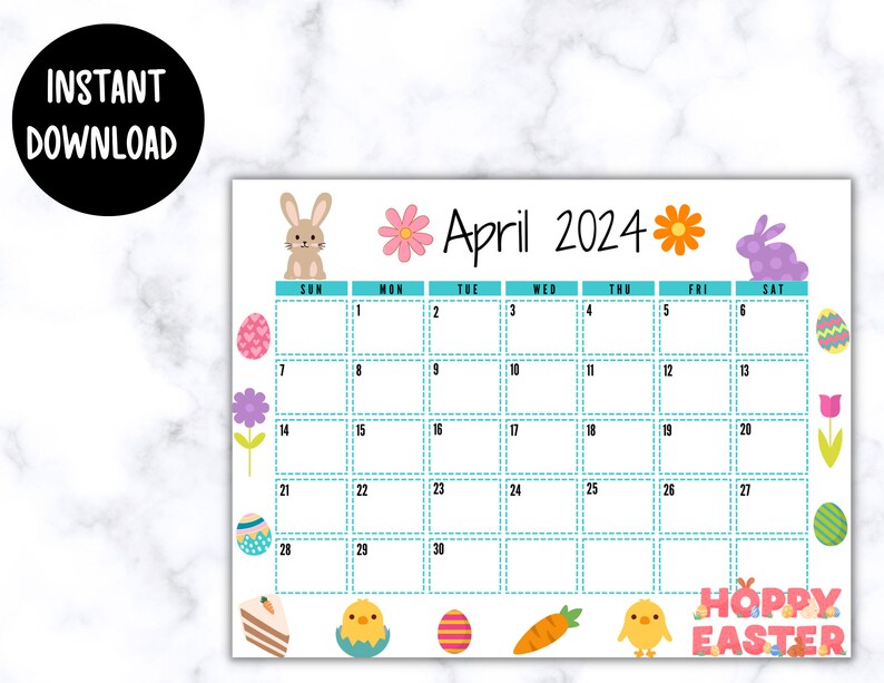 EDITABLE Printable April Calendar 2024 Cute Easter Calendar - Etsy Ireland