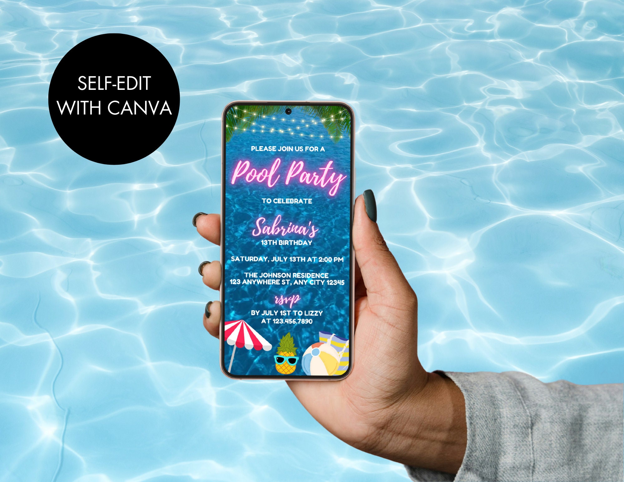 Animated Pool Party Birthday Invitation | Neon Pool Party Evite | Pool ...