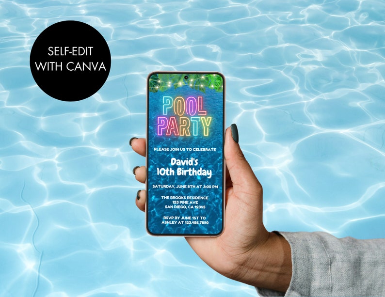 Animated Pool Party Birthday Invitation | Neon Pool Party Evite | Pool ...