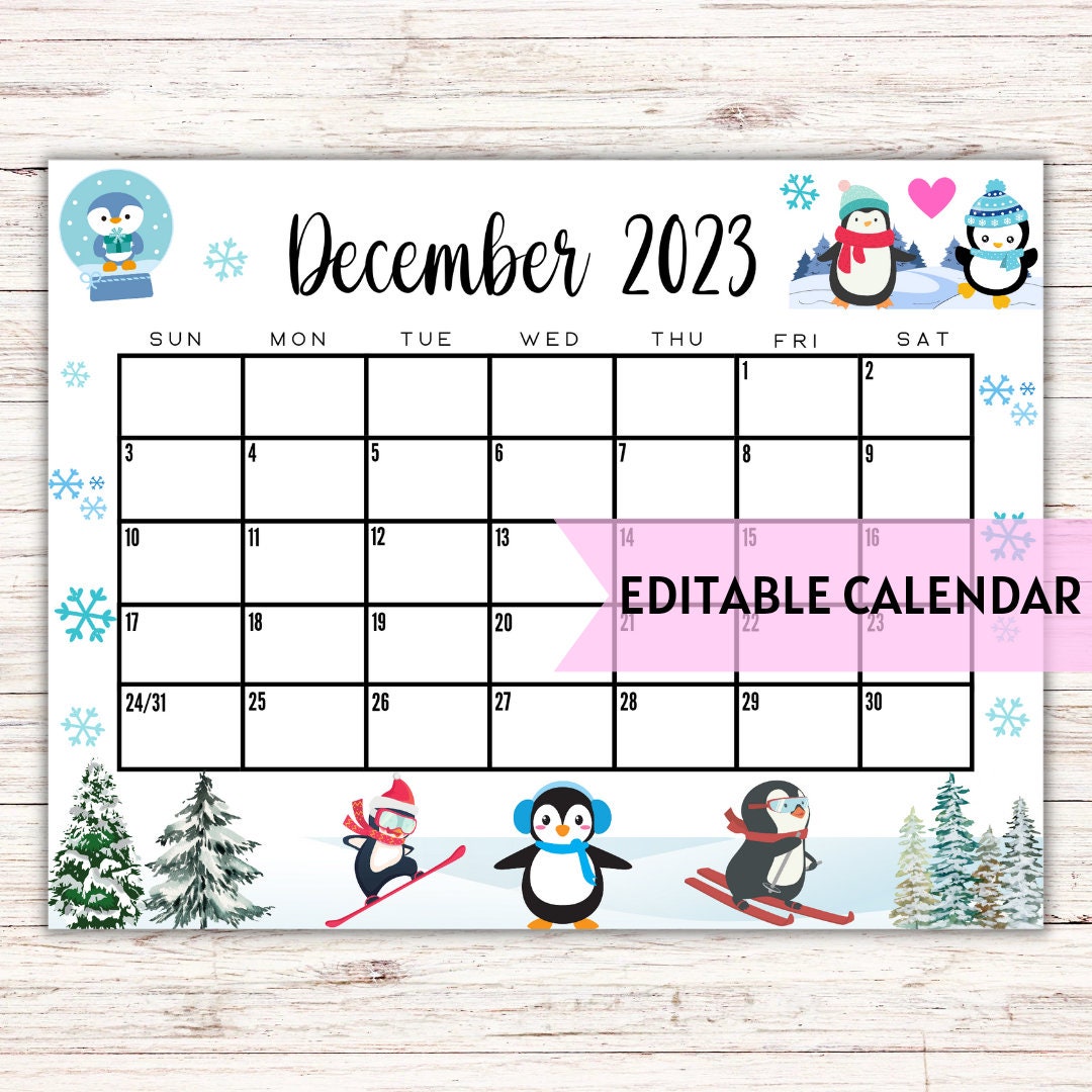 EDITABLE Printable December Calendar 2023 Cute Christmas Penguin ...