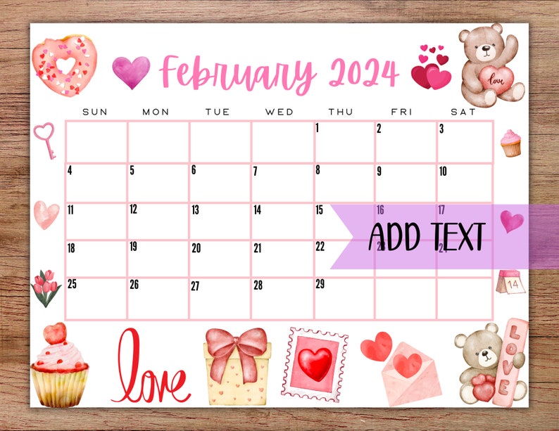 EDITABLE Printable February Calendar 2024 Cute - Etsy