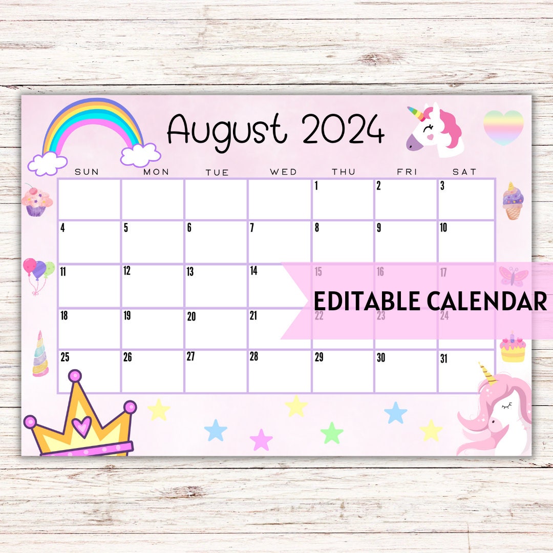 EDITABLE Printable August Calendar 2024 Kid's Calendar - Etsy