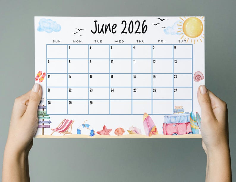 EDITABLE June Calendar 2026 | Cute Summer Calendar W/ Beach Truck and ...