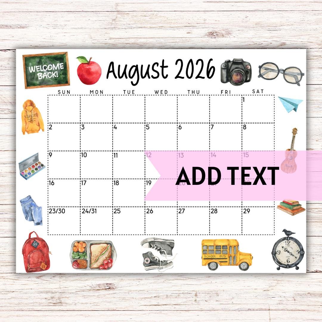 EDITABLE Printable August Calendar 2026 | Watercolor Back to School ...