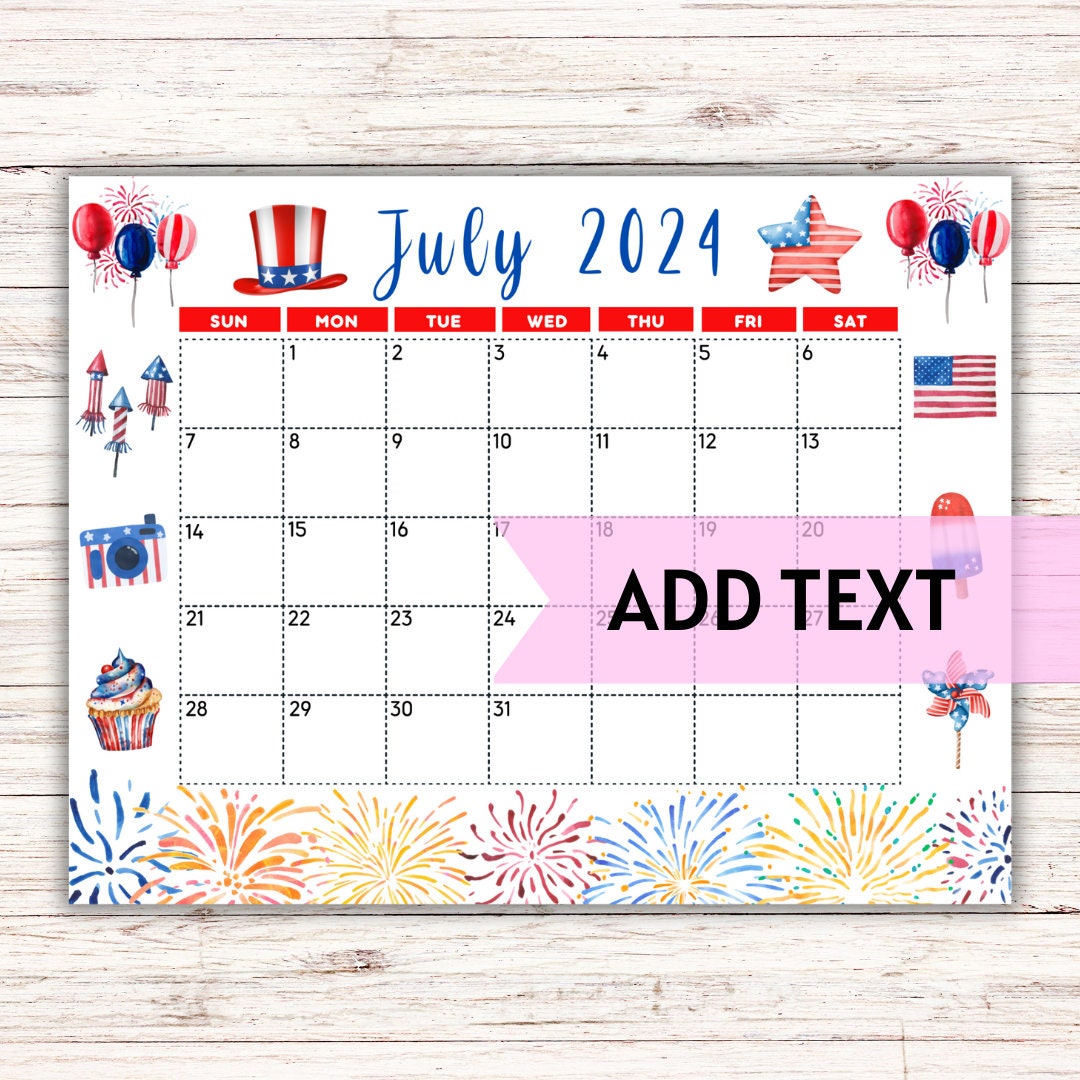 EDITABLE Julio 2024 Calendario de Verano / Lindo Calendario del 4 de ...