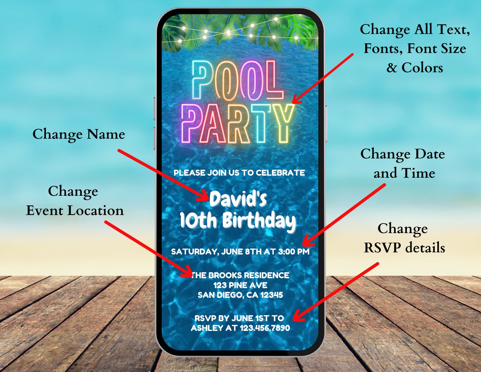 Animated Pool Party Birthday Invitation | Neon Pool Party Evite | Pool ...