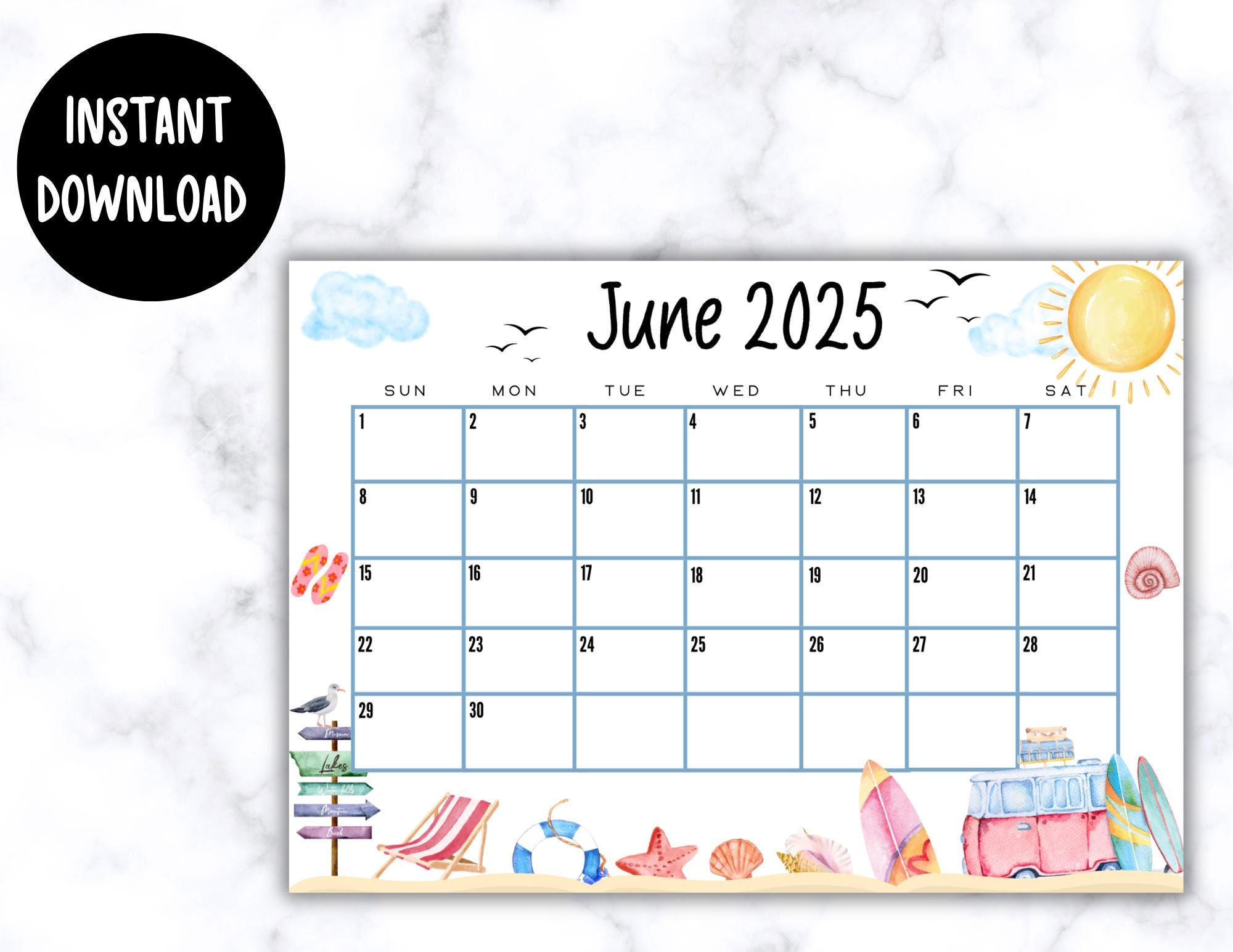 EDITABLE June Calendar 2025 Cute Summer Calendar W/ Beach Truck and ...