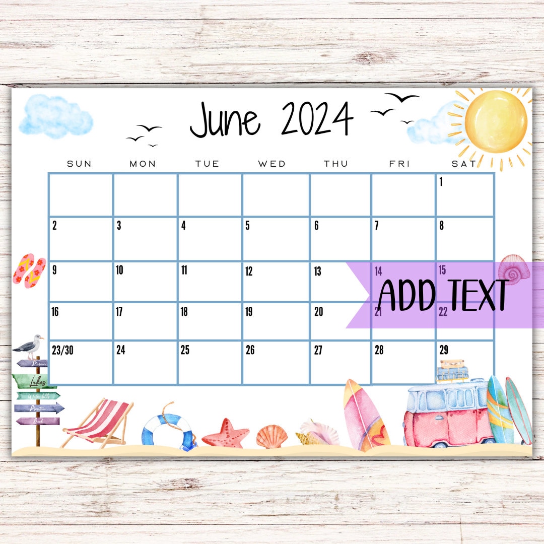 EDITABLE Printable June Calendar 2024 Beautiful Summer Beach Scene June ...