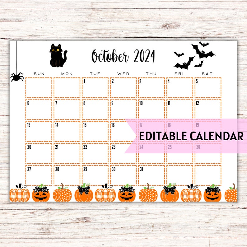 EDITABLE Printable October Calendar 2024 Halloween Calendar Cute and ...